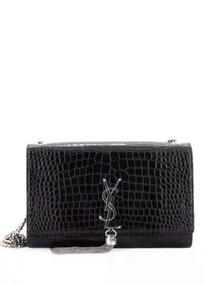 Saint Laurent Classic Monogram Tassel Crocodile Embossed Leather Medium Crossbody Bag - Black