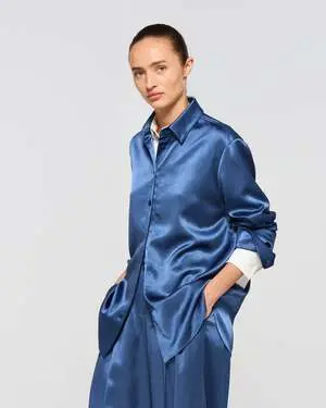 Serena Bute Satin Boyfriend Shirt - Blue