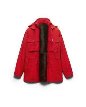 Prada Technical Fabric Parka With Shearling Trim - Red
