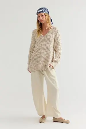Free People Opal Textured V-neck Pullover - Tea