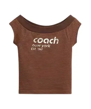 COACH Striped Wide Neck T-shirt In Organic Cotton - Brown