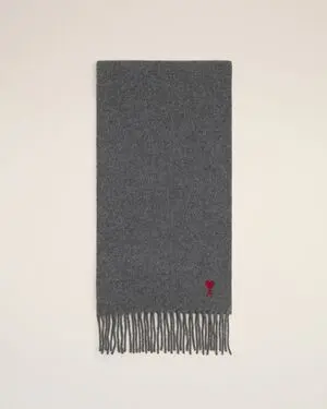 AMI Paris Grey Wool Scarf With De Coeur Grey