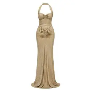 Delfi Metallic Jersey Halter Gown
