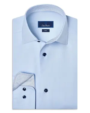 David Donahue Trim Fit Herringbone Cotton Dress Shirt - Sky