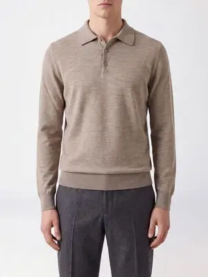 Brioni Long-sleeved Polo Shirt In Cashmere And Silk - Beige