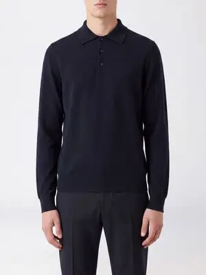 Brioni Long-sleeved Polo Shirt In Cashmere And Silk - Blue