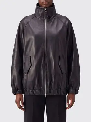 Brunello Cucinelli Relaxed Fit Lambskin Leather Bomber Jacket With High Neck - Grey