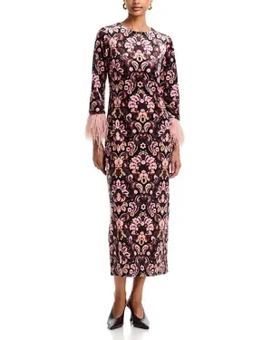 Cara Cara Dayna Printed Feather Trim Maxi Dress