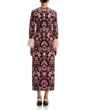 Cara Cara Dayna Printed Feather Trim Maxi Dress