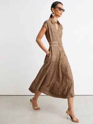 REISS Sammie Collared Check Belted Midi Dress