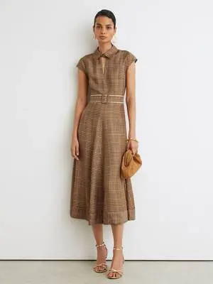 REISS Sammie Collared Check Belted Midi Dress