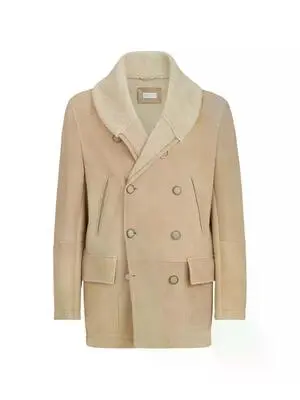 Brunello Cucinelli Suede Curly Shearling Pea Coat With Shawl Collar - Neutrals