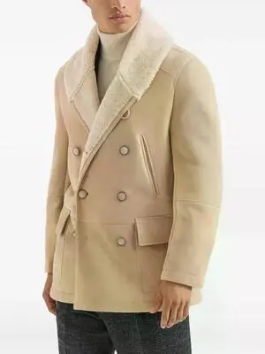 Brunello Cucinelli Suede Curly Shearling Pea Coat With Shawl Collar