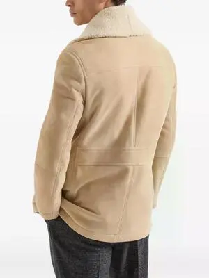 Brunello Cucinelli Suede Curly Shearling Pea Coat With Shawl Collar