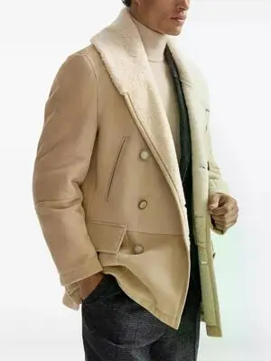 Brunello Cucinelli Suede Curly Shearling Pea Coat With Shawl Collar