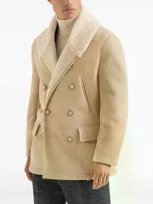 Brunello Cucinelli Suede Curly Shearling Pea Coat With Shawl Collar