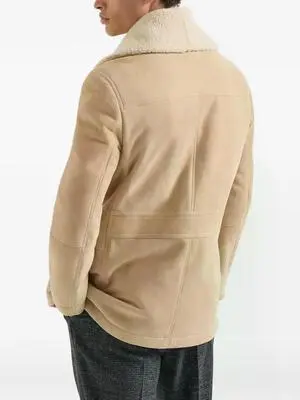 Brunello Cucinelli Suede Curly Shearling Pea Coat With Shawl Collar
