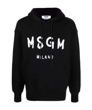 MSGM Logo Printed Drawstring Hoodie - Black