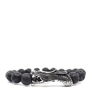 Shar Oke Black / Silver Dragon Stainless Steel & Black Natural Lava Beaded Bracelet - Black/silver