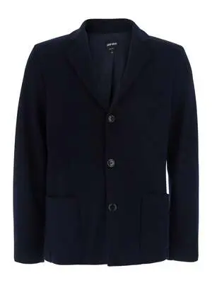 Giorgio Armani Blue Jacket With V-neck And Patch Pockets In Virgin Wool