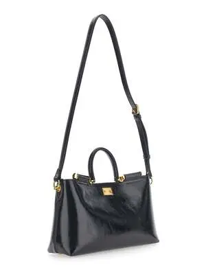 Dolce & Gabbana Leather Handbag With Adjustable Shoulder Strap And Logo Plate - Black