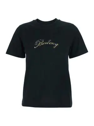 Burberry Black Crewneck T-shirt With Logo Lettering On The Front In Cotton - Multicolor