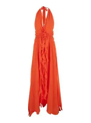 Blumarine Orange Long Dress With Halterneck And Floral Decorations In Viscose For - Multicolor