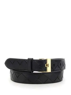 Bottega Veneta Black Belt With All-over Intreccio Motif In Leather - Multicolor