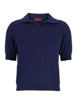 Gucci Blue Polo Shirt With Wide Collar And Gg All-over Embroidery In Cotton For - Multicolor