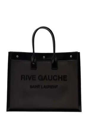 Saint Laurent Black Tote Bag With Tonal Rive Gauche Logo In Raphia - Multicolor