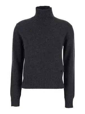 AMI Paris Grey Turtleneck Sweater With Ribbed Trims In Cashmere - Multicolor