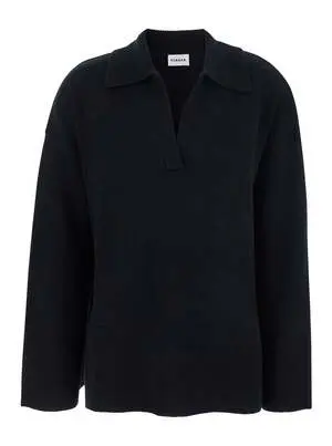 P.a.r.o.s.h Sweater With Polo Shirt Style Collar And Dropped Shoulder In Wool And Cashmere - Black
