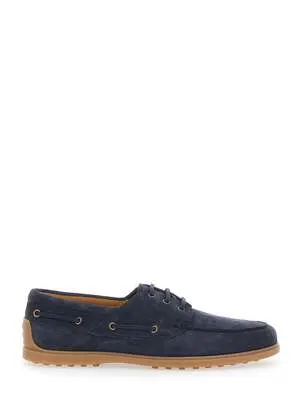 TOD'S Blue Boat Loafers With Logo Lettering On Back In Suede - Multicolor