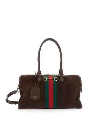 Gucci Brown Shoulder Bag With Web Detail On The Front And Horsebit Plate In Suede For - Multicolor
