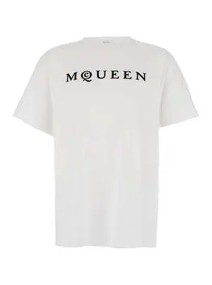 Alexander McQueen White Crewneck T-shirt With Logo Lettering On The Front In Cotton - Multicolor