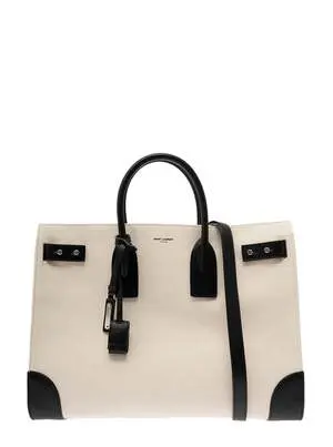 Saint Laurent Sac De Jour L' Beige Tote Bag With Brass Padlock In Canvas And Leather - Cream