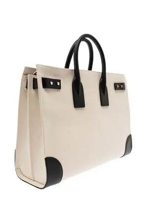 Saint Laurent Sac De Jour L' Beige Tote Bag With Brass Padlock In Canvas And Leather - Cream