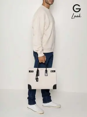 Saint Laurent Sac De Jour L' Beige Tote Bag With Brass Padlock In Canvas And Leather - Cream