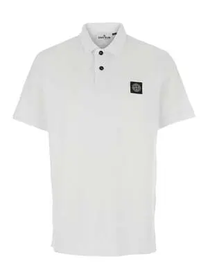 Stone Island White Polo With Classic Collar And Patch Logo On The Front In Stretch Cotton - Multicolor