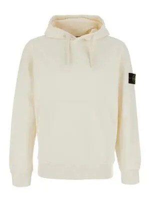 Stone Island Hooded Sweatshirt With Fixed Hood And Logo On The Front - White