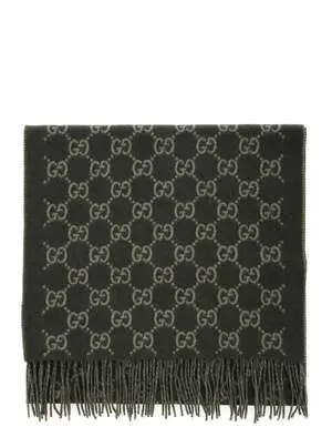Gucci Scarf With Fringed Hem And Gg Motif Jacquard In Cashmere - Green