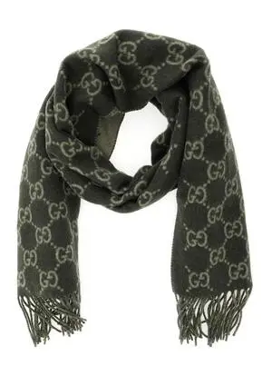 Gucci Scarf With Fringed Hem And Gg Motif Jacquard In Cashmere - Green