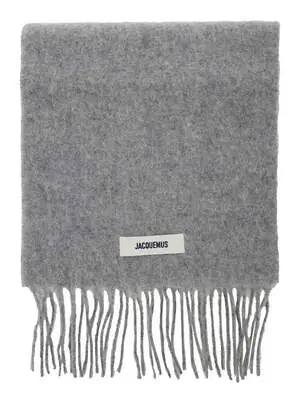 Jacquemus L'echarpe Carro' Grey Scarf With Logo Patch On The Front And Fringed Hem In Wool Blend - Multicolor
