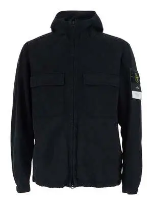 Stone Island Black Jacket With Fixed Hood And Logo Patch On The Sleeve In Cotton Twill - Multicolor