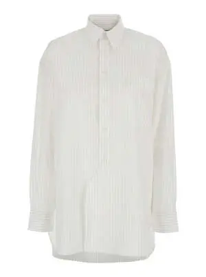 Phoebe Philo White Shirt With All-over Stripe Motif And Asymmetrical Front Detail In Cotton - Multicolor