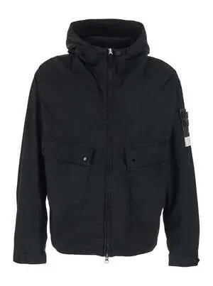 Stone Island Black Hooded Jacket With Buttons And Logo Patch On Sleeve In Tech Fabric For - Multicolor