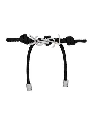 Saint Laurent Bracelet With Cassandre Logo Plate In Silver Metal And Adjustable Closure In Leather For - Black
