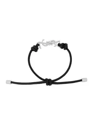 Saint Laurent Cassandre Logo Plate Bracelet In Silver Metal And Leather - Black
