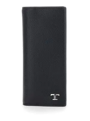 TOD'S Vertical Wallet With Logo Plate On The Front In Black Hammered Leather For - Multicolor