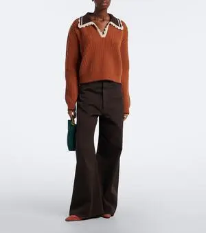 La DoubleJ Crochet-trimmed Wool-blend Polo Sweater